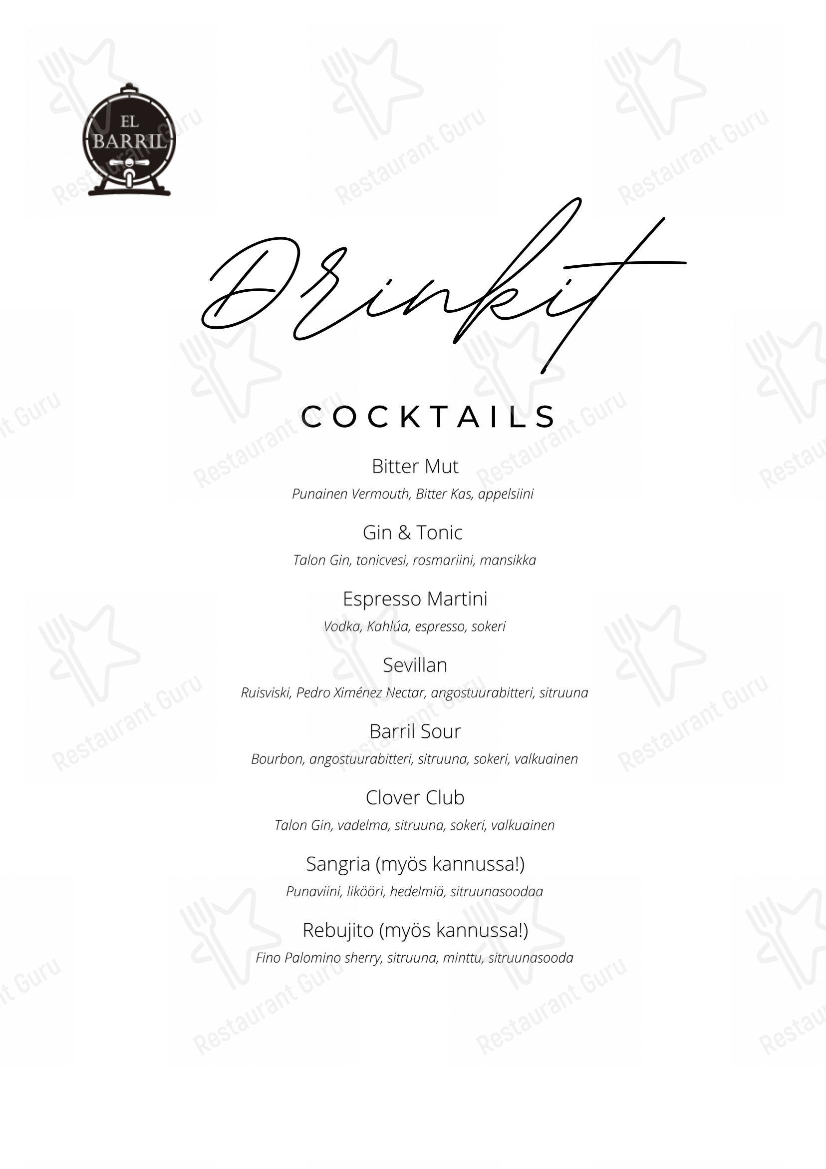 Menu at El Barril, Kuopio