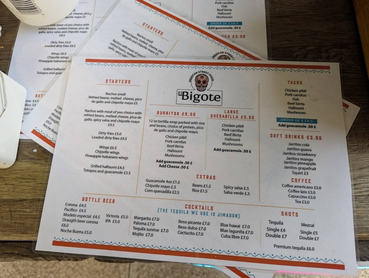Menu at El Bigote restaurant, Basingstoke