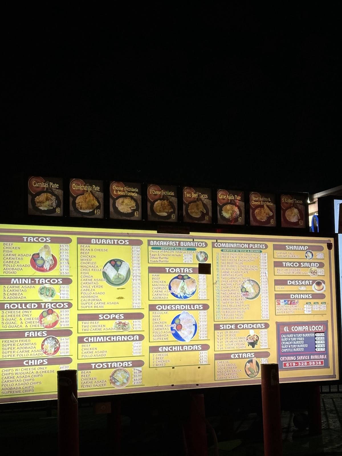 Menu at El Compadre Taco Shop restaurant, El Cajon, 595 N 2nd St