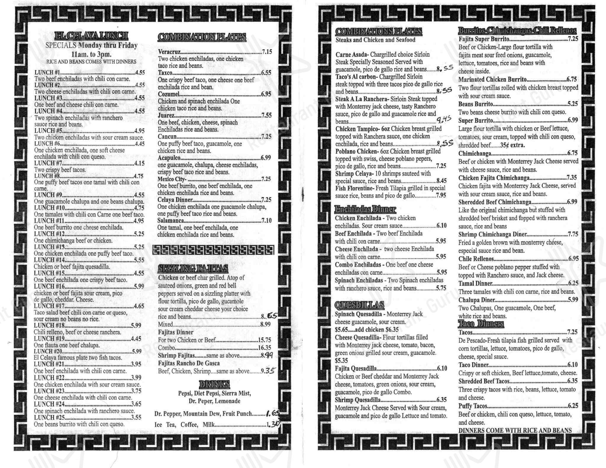 Menu at El Celaya restaurant, Roland, 100 W Ray Fine Blvd