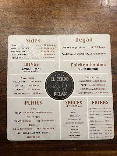 Carta del restaurante El Cerdo Pelón, Tulum, 6G3X+GV