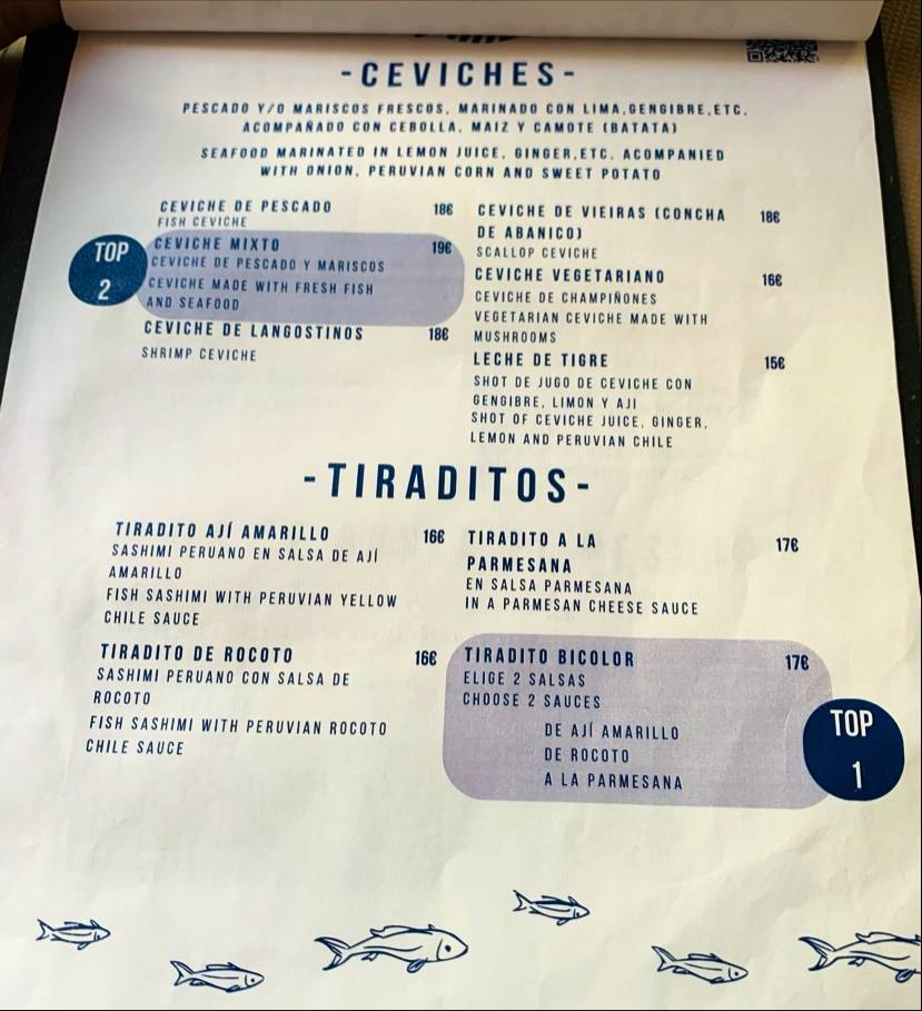 Menu at El Cevichano, Cocina Peruana de la Costa restaurant, Seville
