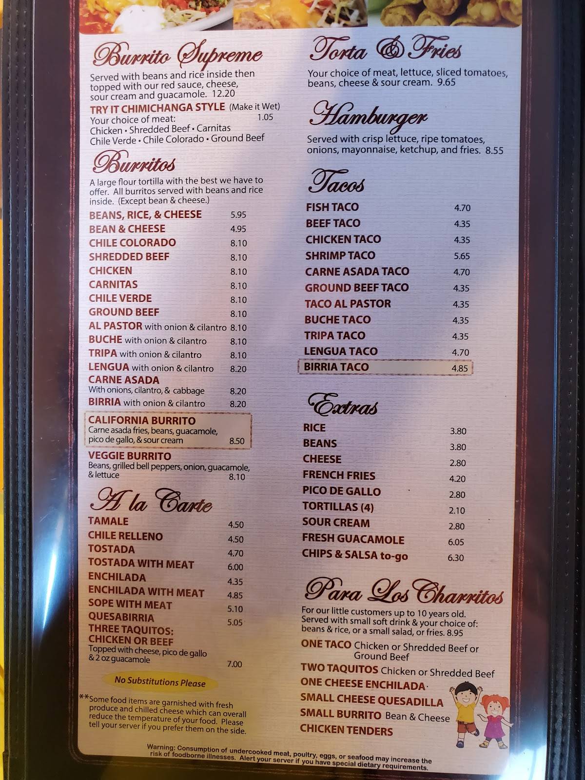 Menu at El Charro Authentic Mexican restaurant, Cherry Valley