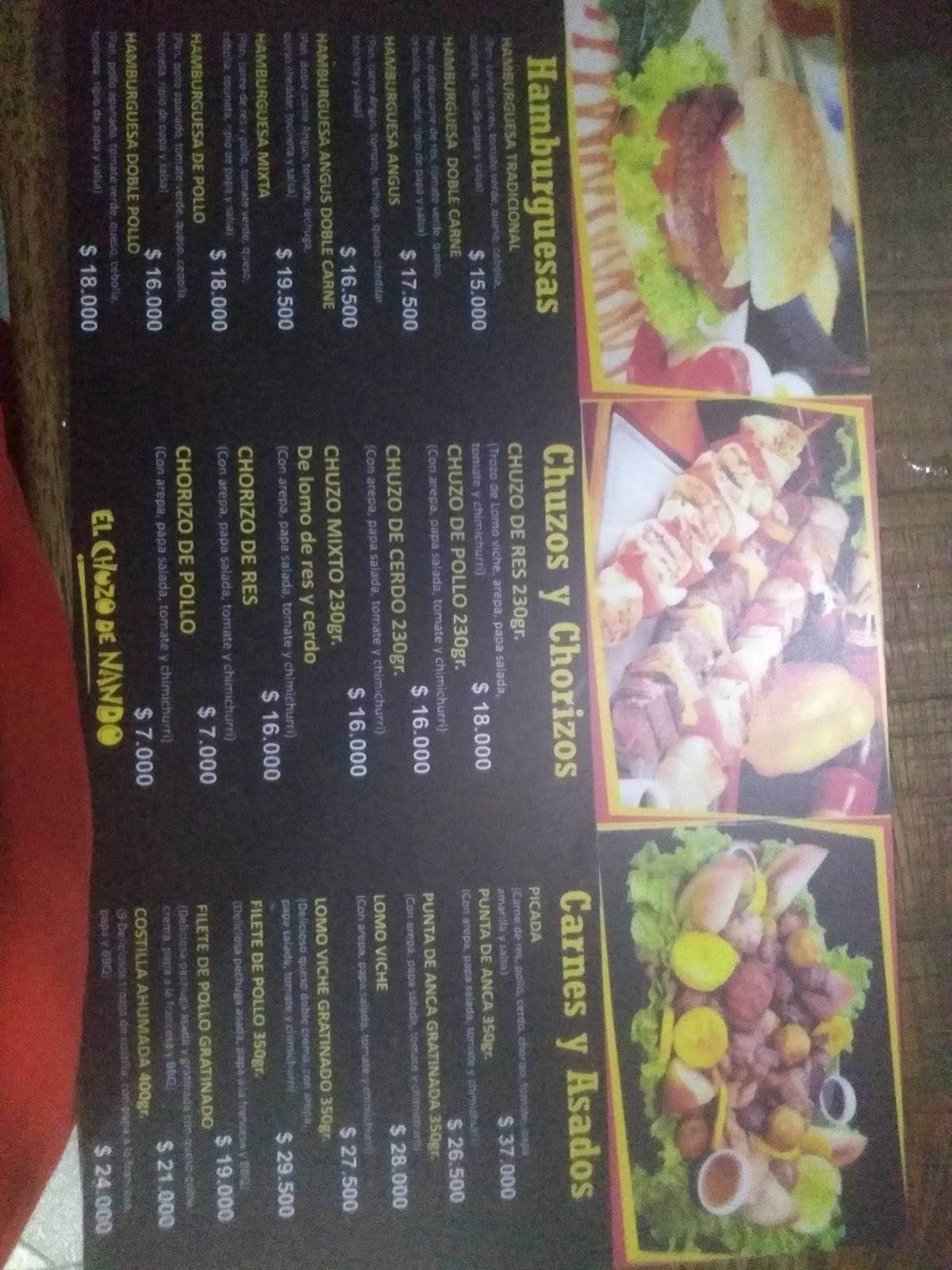Carta del restaurante El Chuzo del Nando, Cali, Avenida 4
