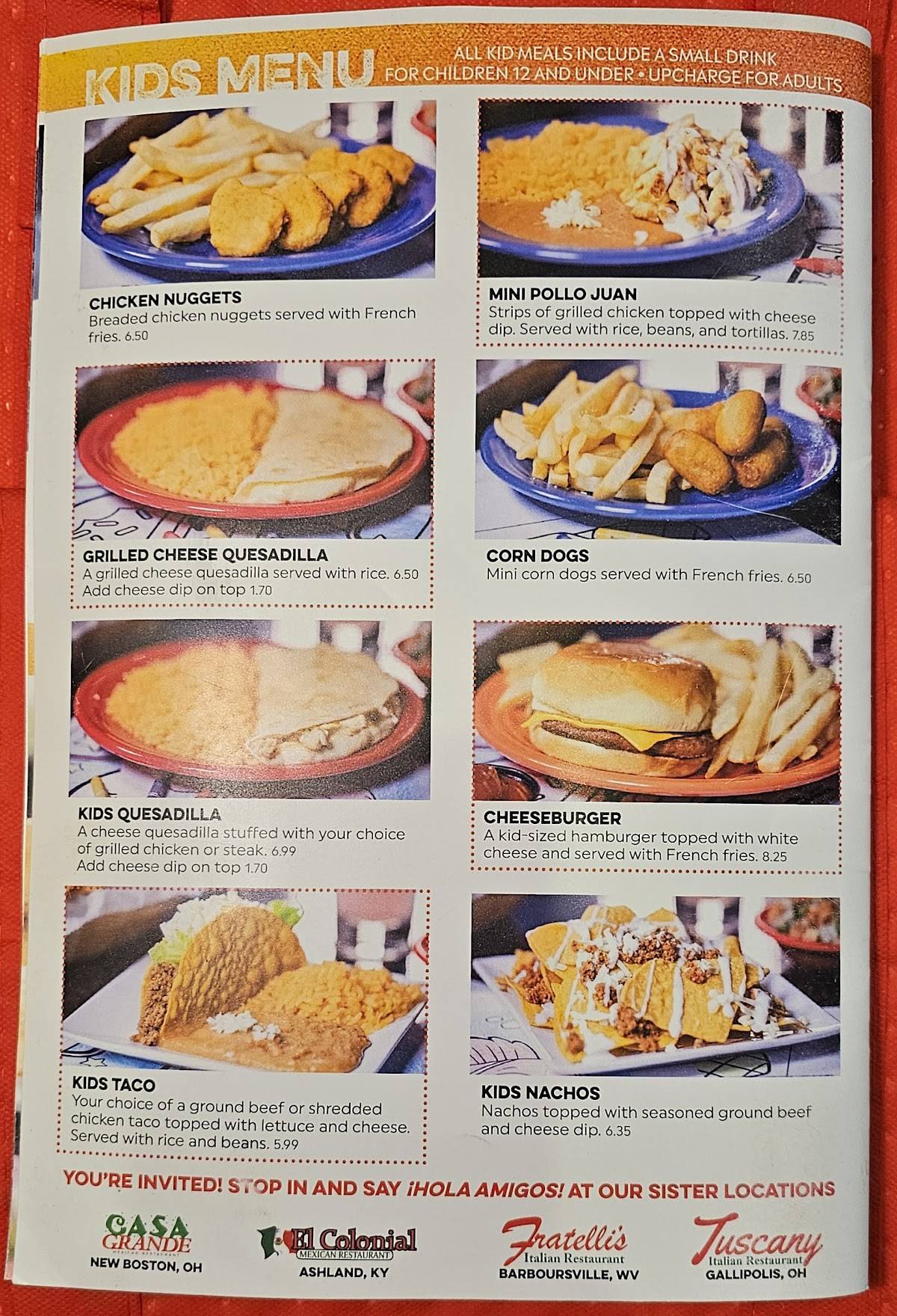 Menu at El Colonial restaurant, Ashland, 366 Diederich Blvd