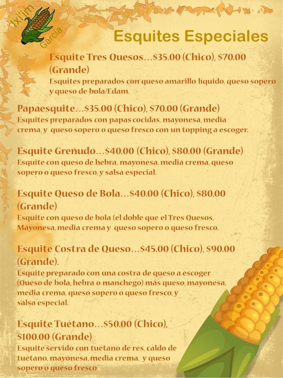 Carta del restaurante Ixi'im García Elotes y Esquites, Merida
