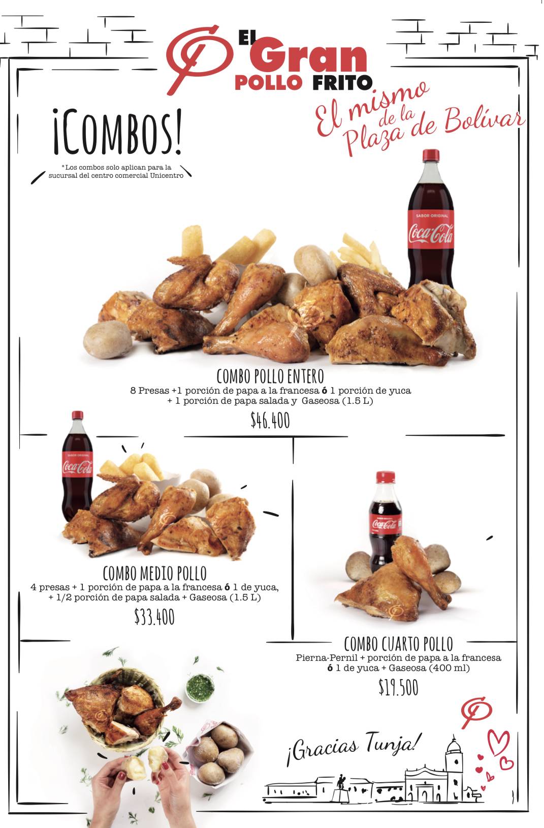 Carta del restaurante El Gran Pollo Frito, Tunja, Domicilio 10 am a 9 pm.