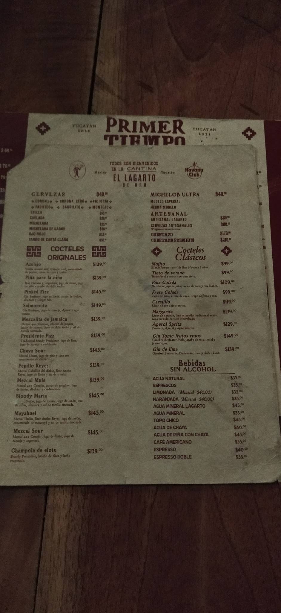 Carta del restaurante El Lagarto del Oro, Merida