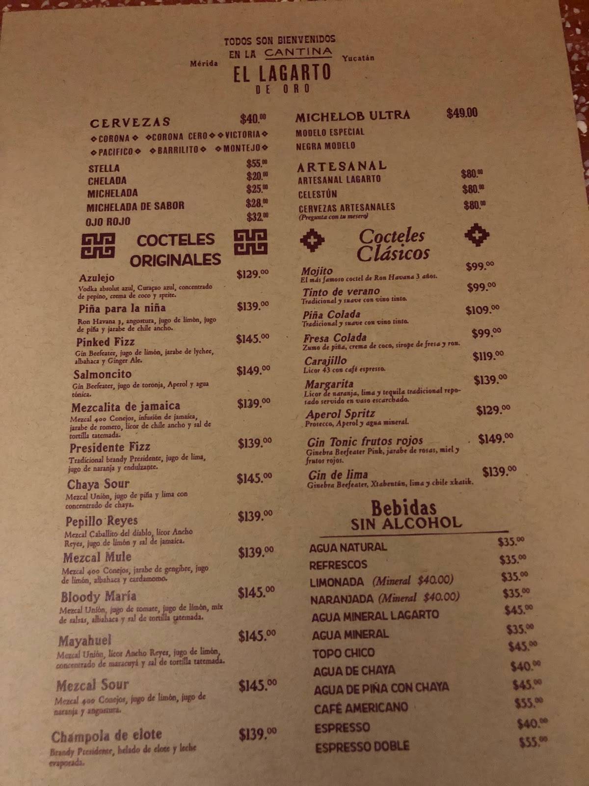 Carta del restaurante El Lagarto del Oro, Merida