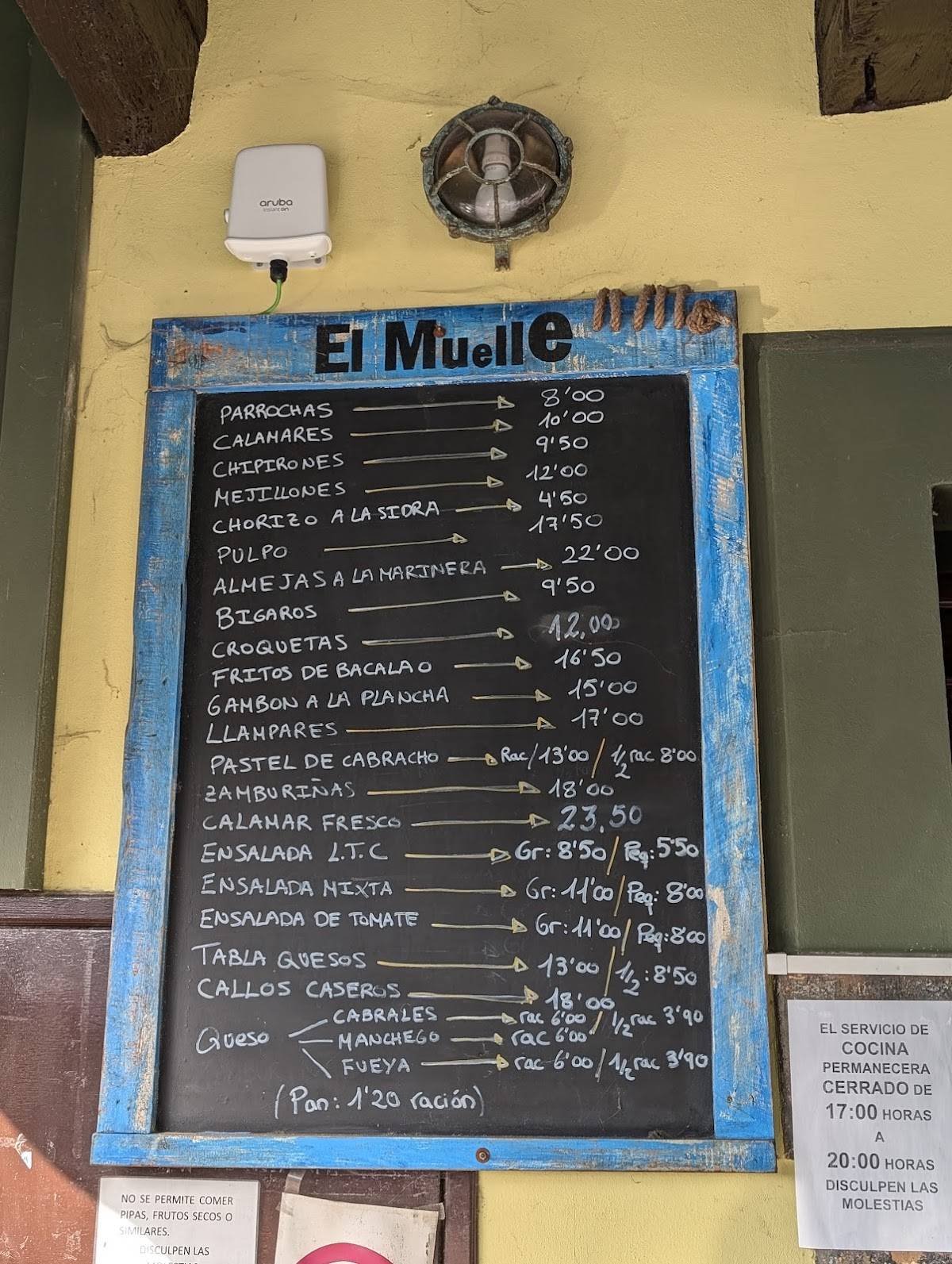 Carta del pub y bar El Muelle, Luanco