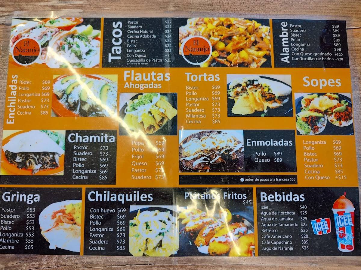 Menu at El Naranjo restaurant, Mexico City, Av. José María Castorena 91