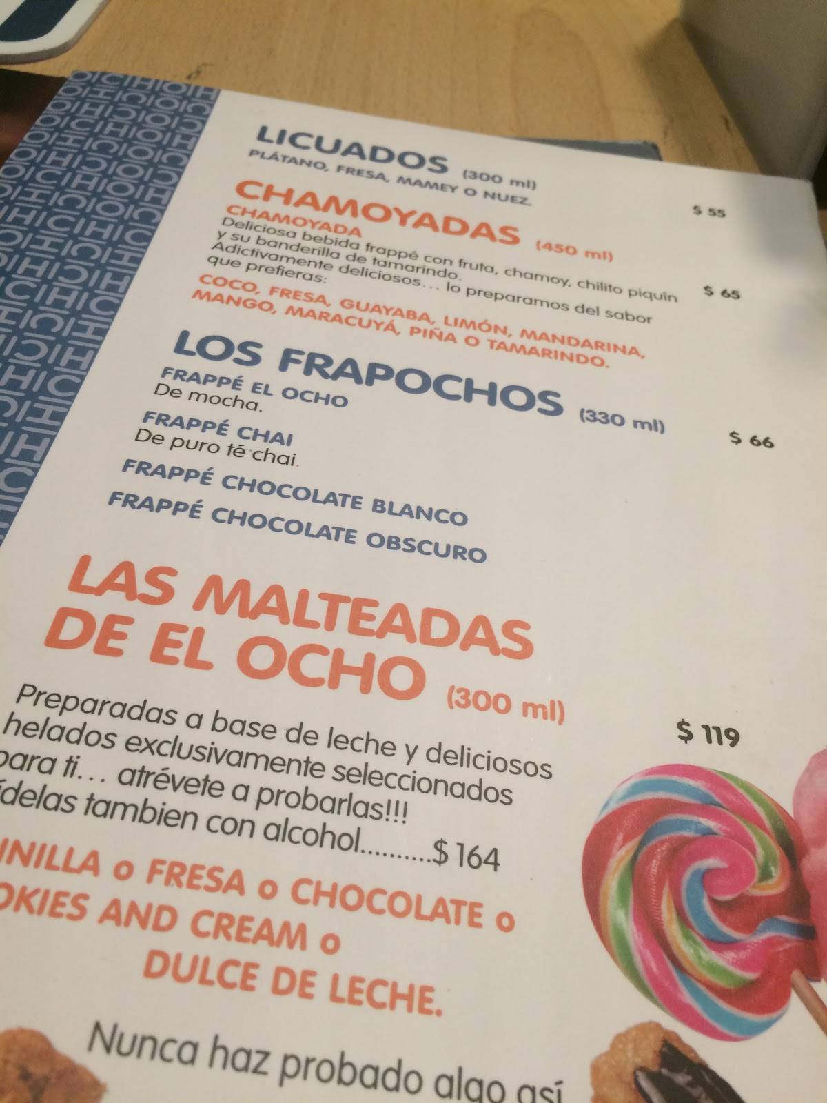 Menu at El Ocho Universidad cafeteria, Mexico City, Av. Universidad 767