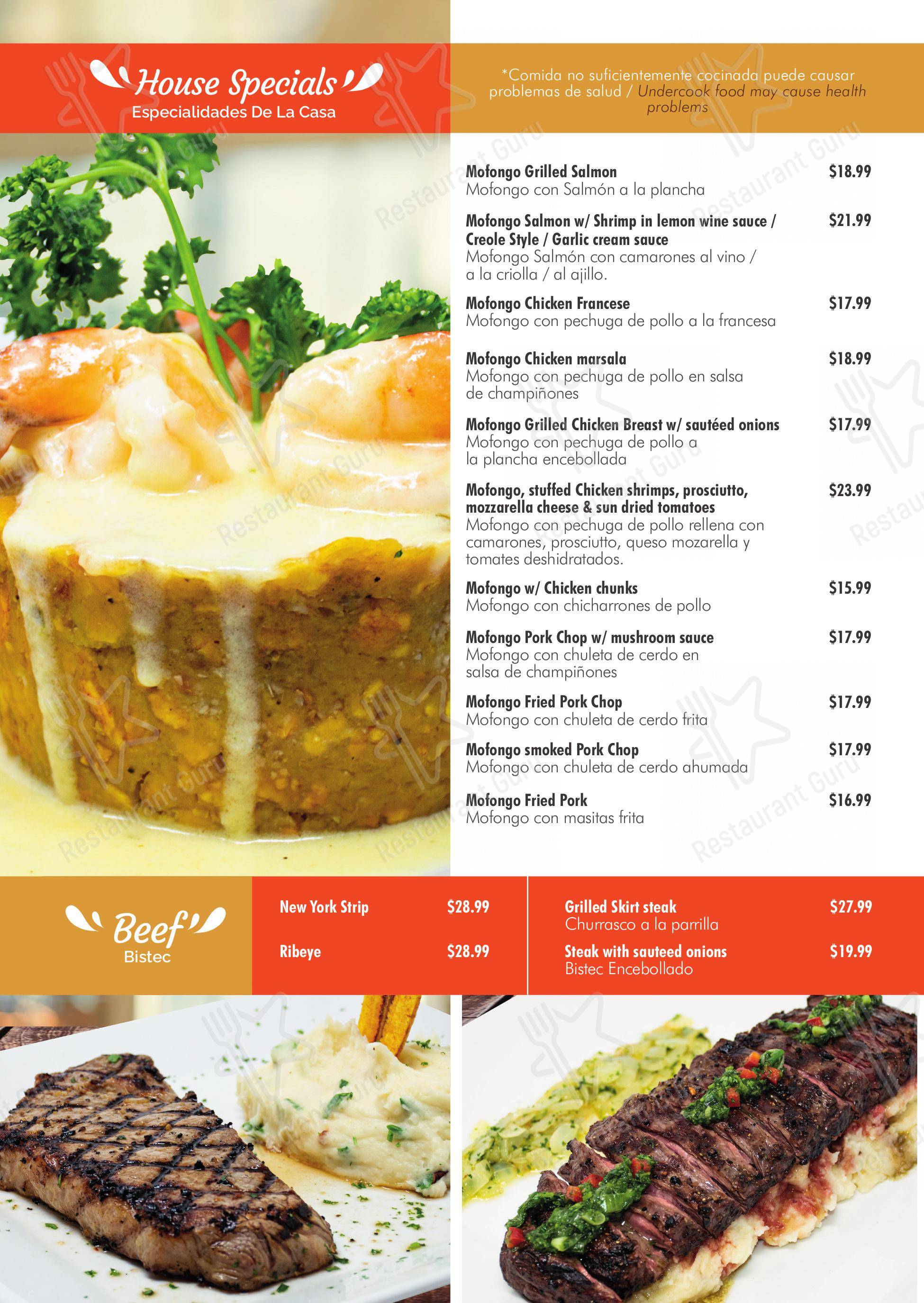 Menu at El Palacio del Mofongo restaurant, Royal Palm Beach