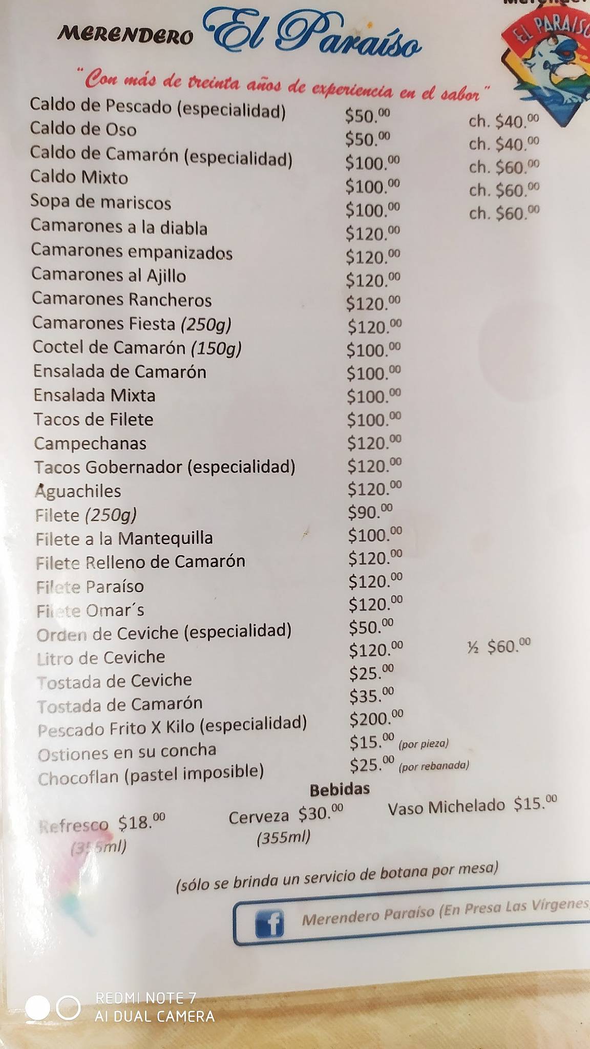 Carta del restaurante El Paraiso, Mexico, 3319