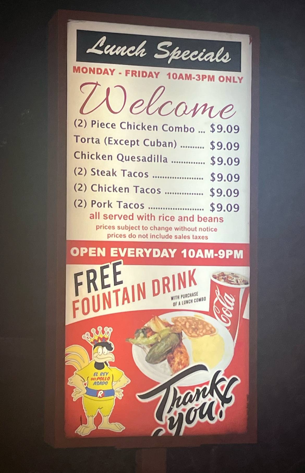 Menu at El Rey Del Pollo Asado fast food, Waukegan