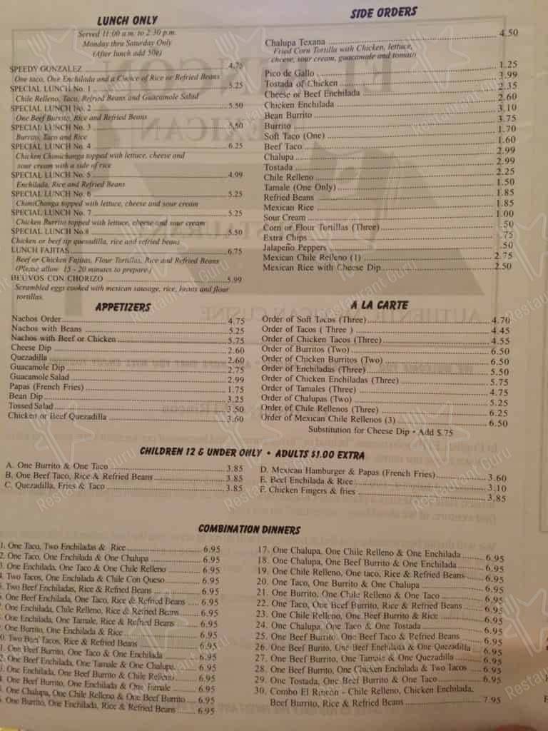 Menu at El Rincon Méxican Restaurant, Bridgeport