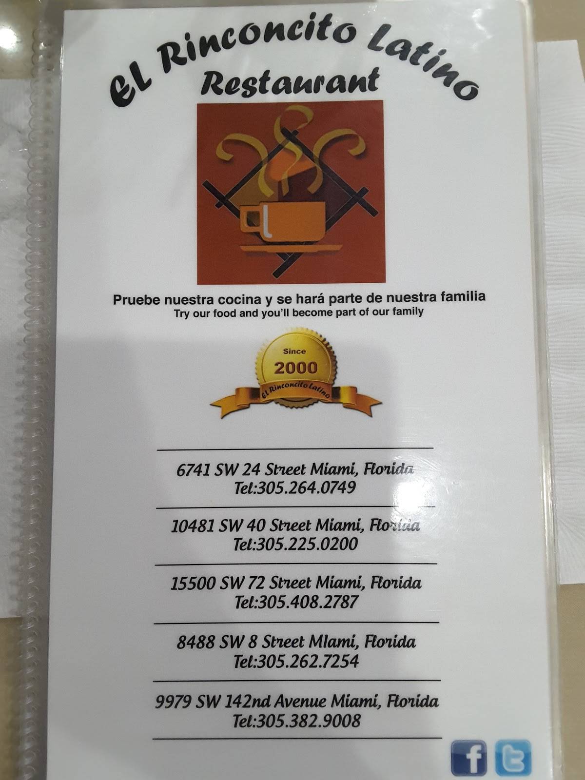 Menu at El Rinconcito Latino Coral Way restaurant, Miami, SW 24th St