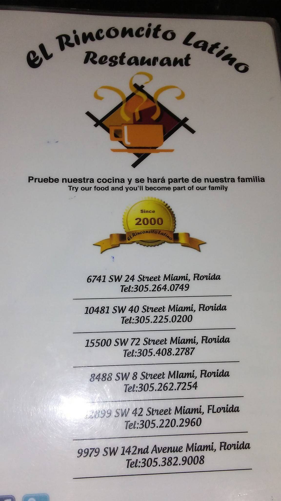 Menu at El Rinconcito Latino Coral Way restaurant, Miami, SW 24th St