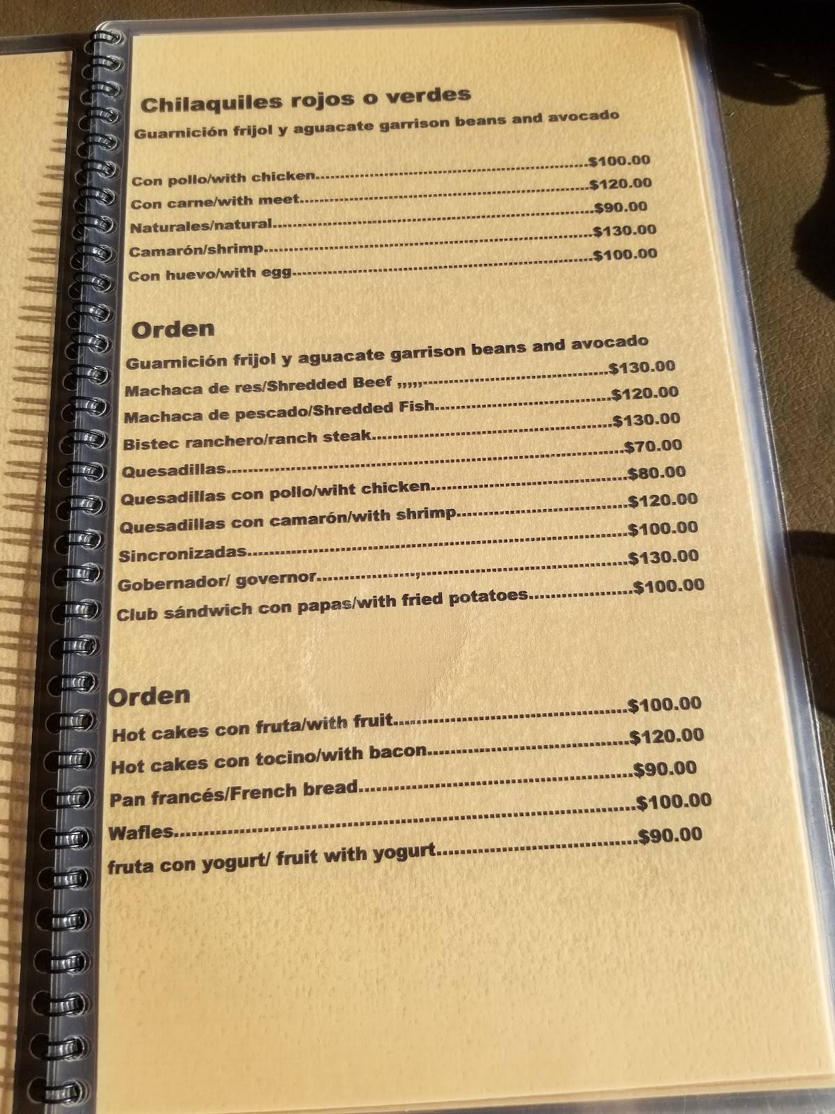 Menu at Las Palmas restaurant, El Sargento, Corredor Isla Cerralvo s/n