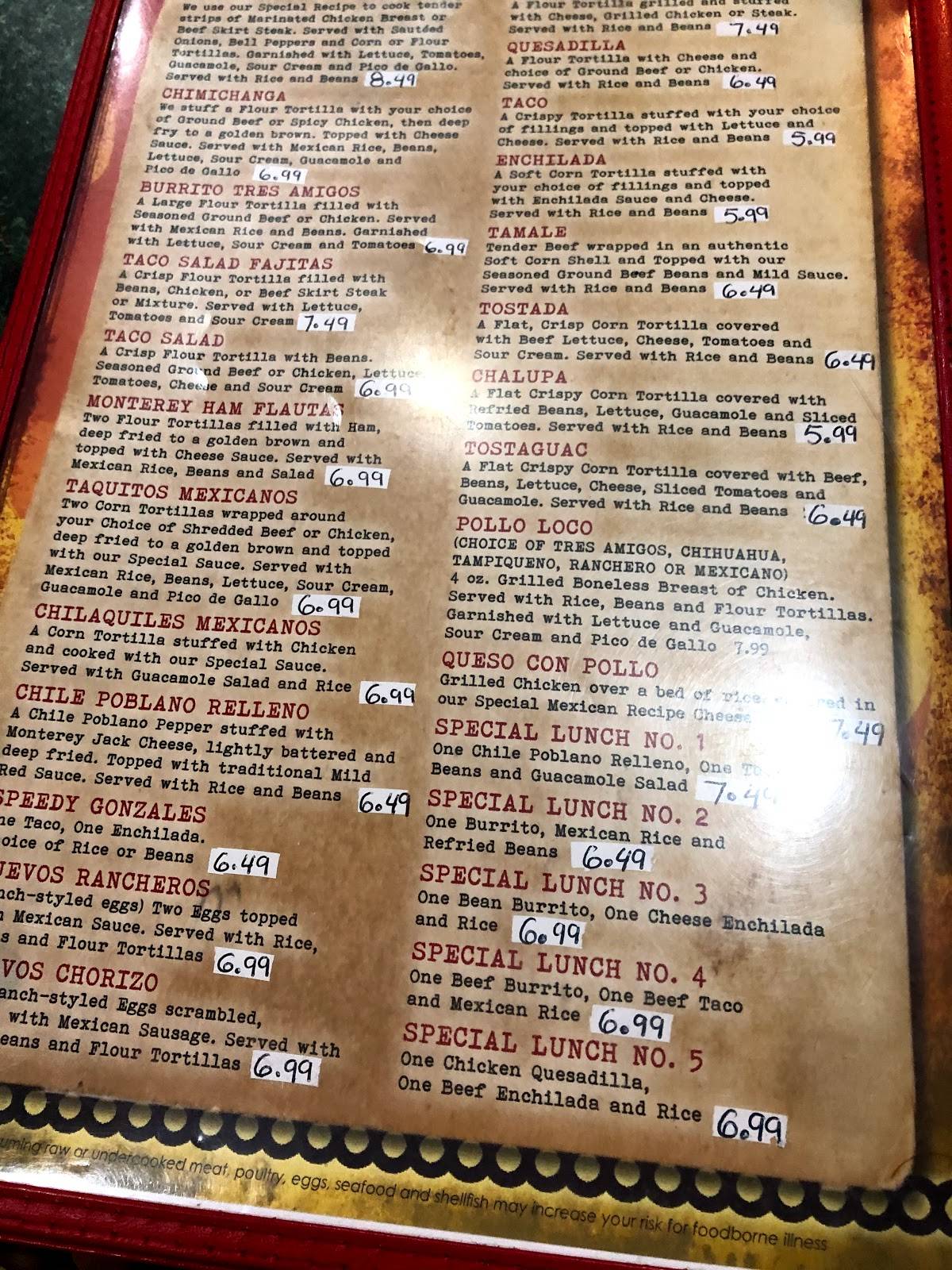 Menu at El Tres Amigos restaurant, Bolivar