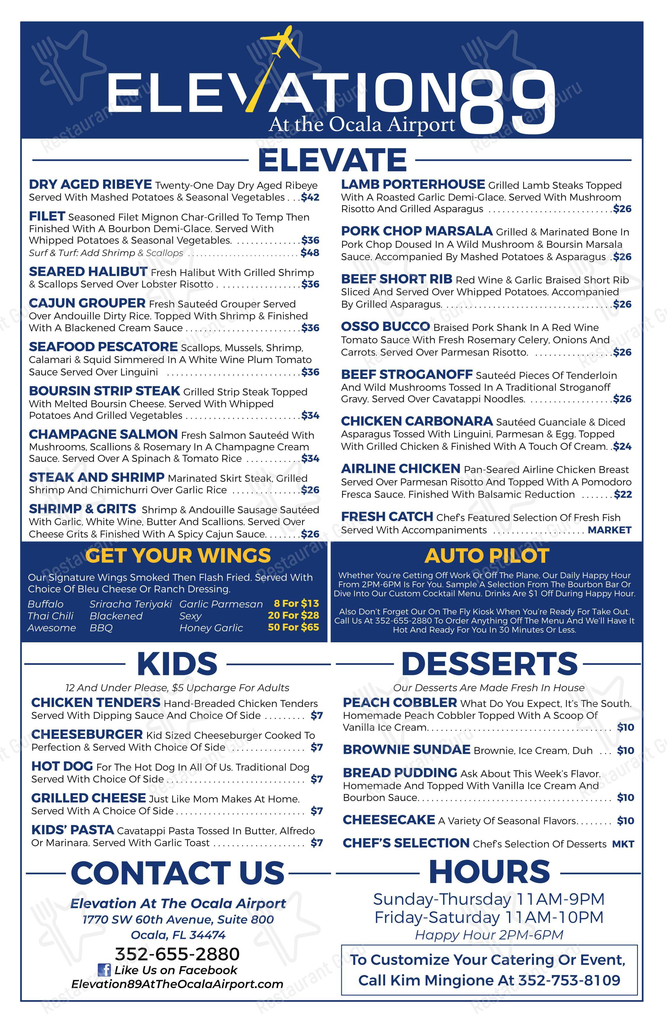 Menu at Elevation 89 restaurant, Ocala