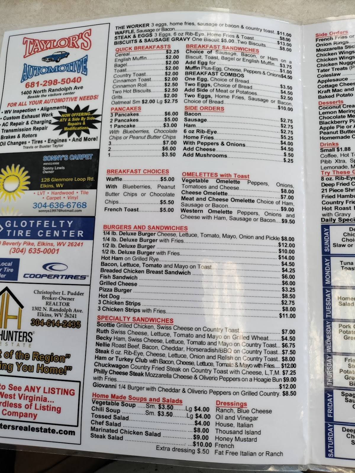Menu at Scottie’s of Elkins restaurant, Elkins