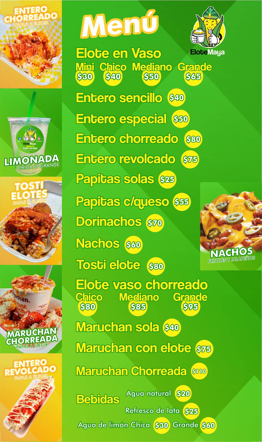 Menu at Elote Maya restaurant, Ciudad Juarez