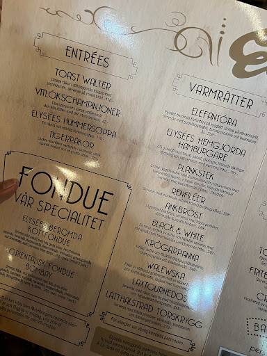 Menu at Elysee restaurant, Malmö