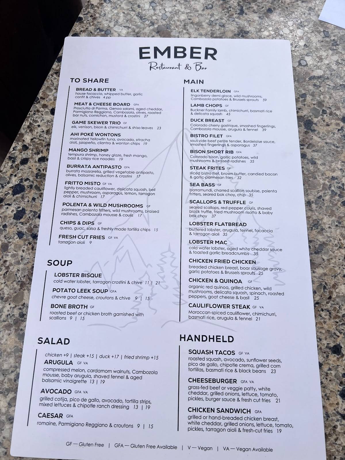 Menu at Ember Restaurant & Bar, Estes Park