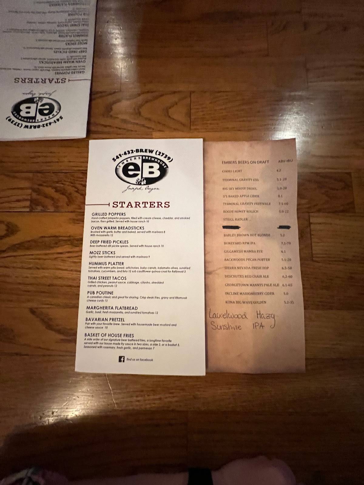 Menu at Embers Brewhouse pub & bar, Joseph