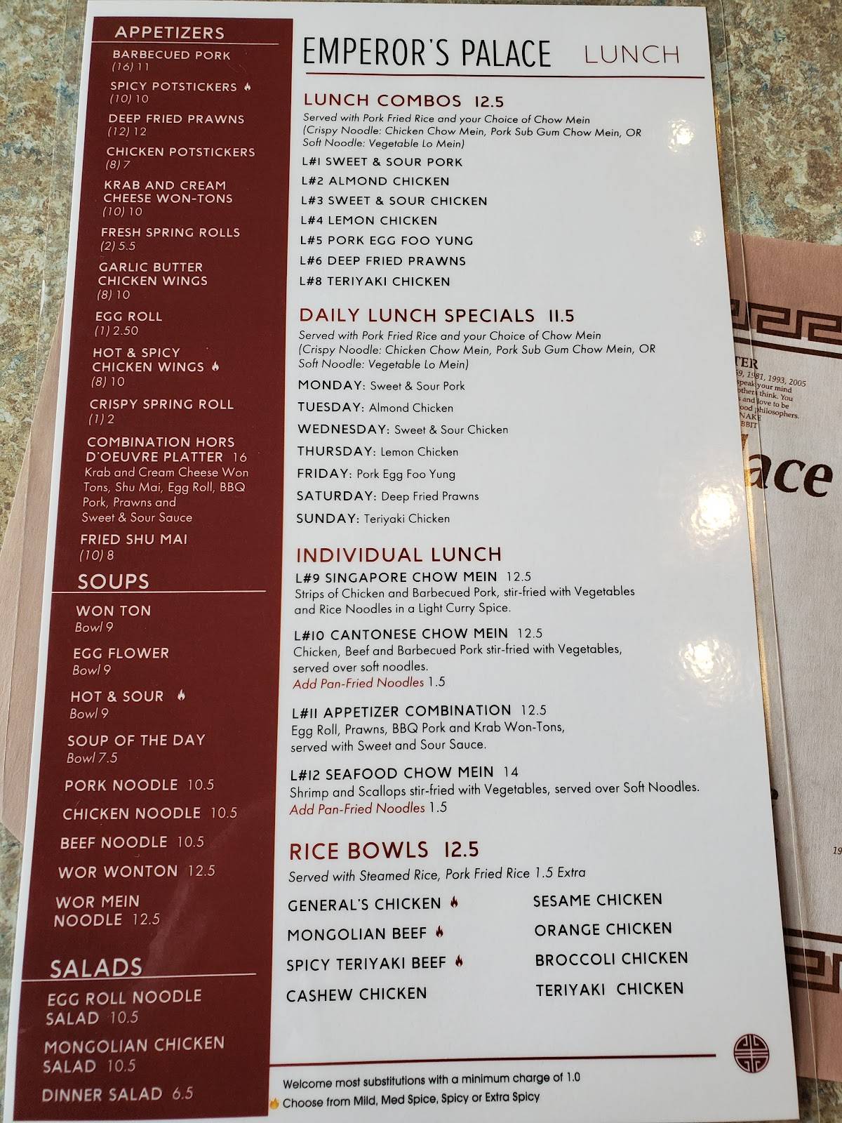 Menu at Emperor's Palace Lacey restaurant, Olympia, Martin Way E