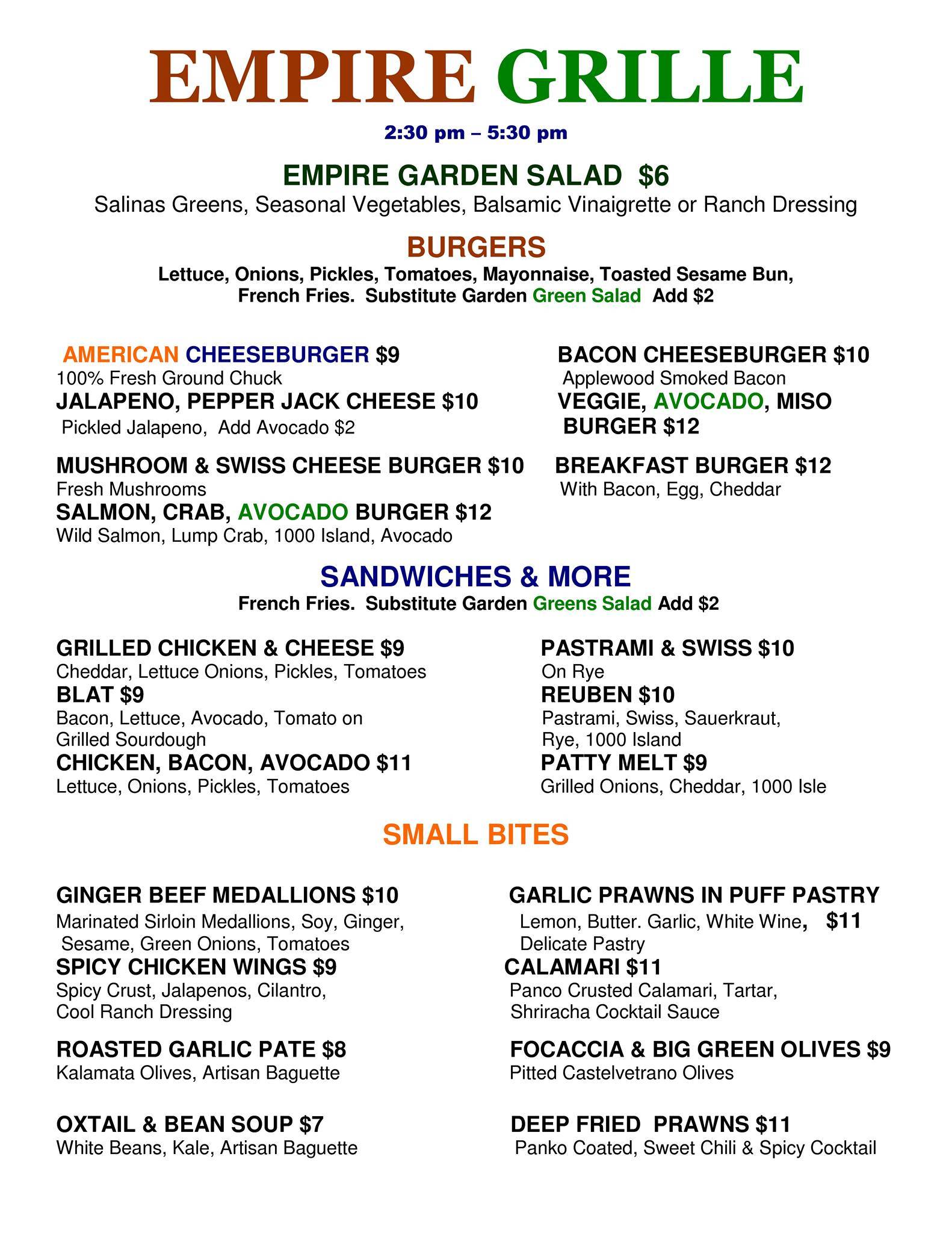 Menu at Empire Grille pub & bar, Felton