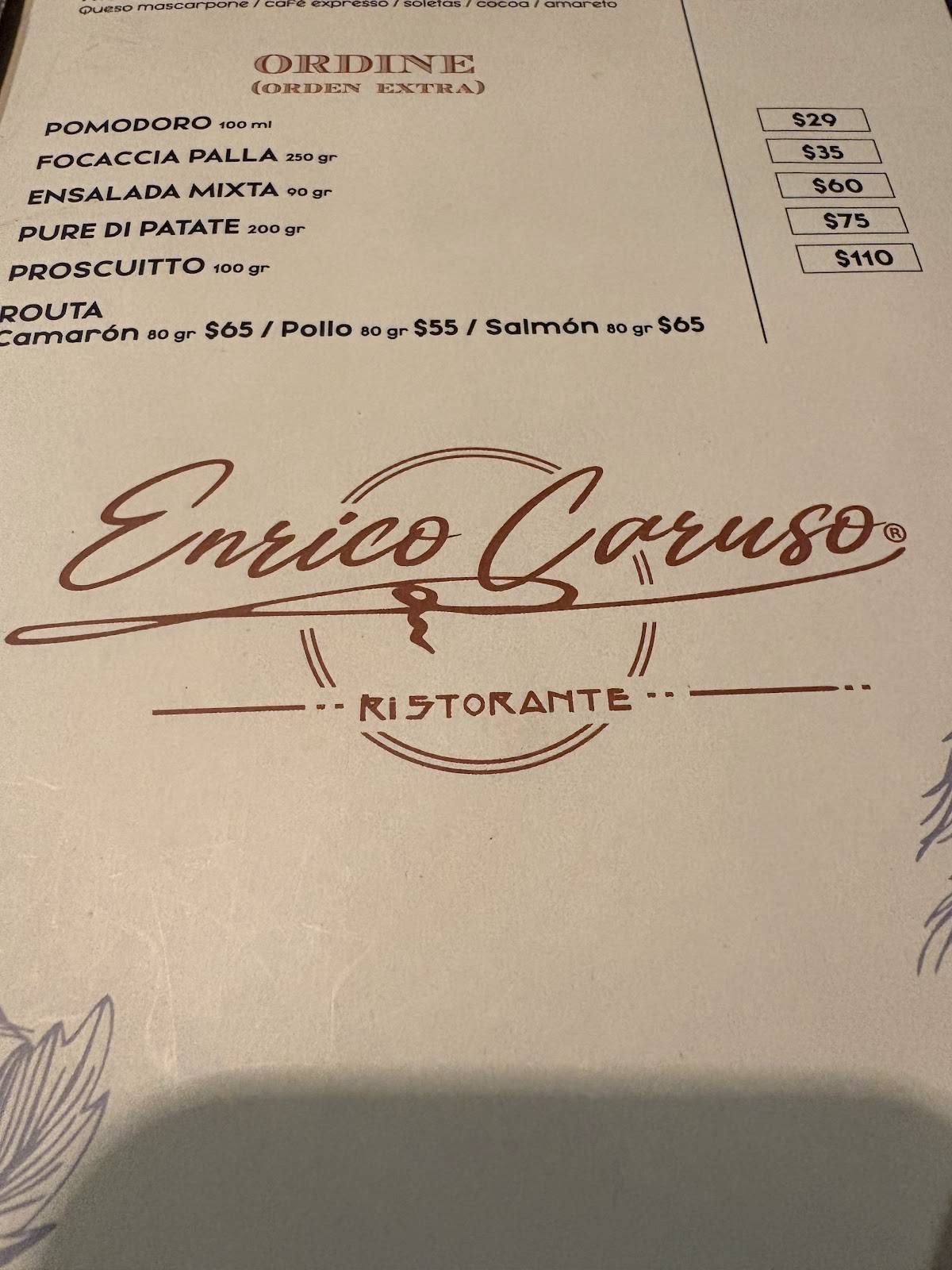 Carta del restaurante Enrico Caruso, Ciudad del México