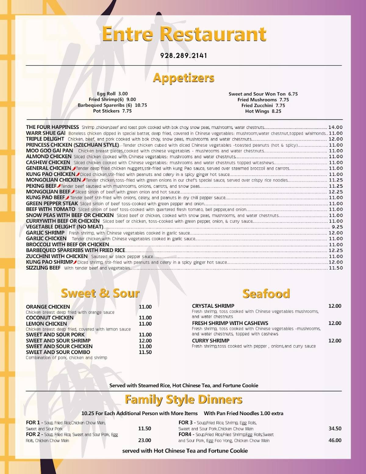 Menu at Entre Restaurant, Winslow