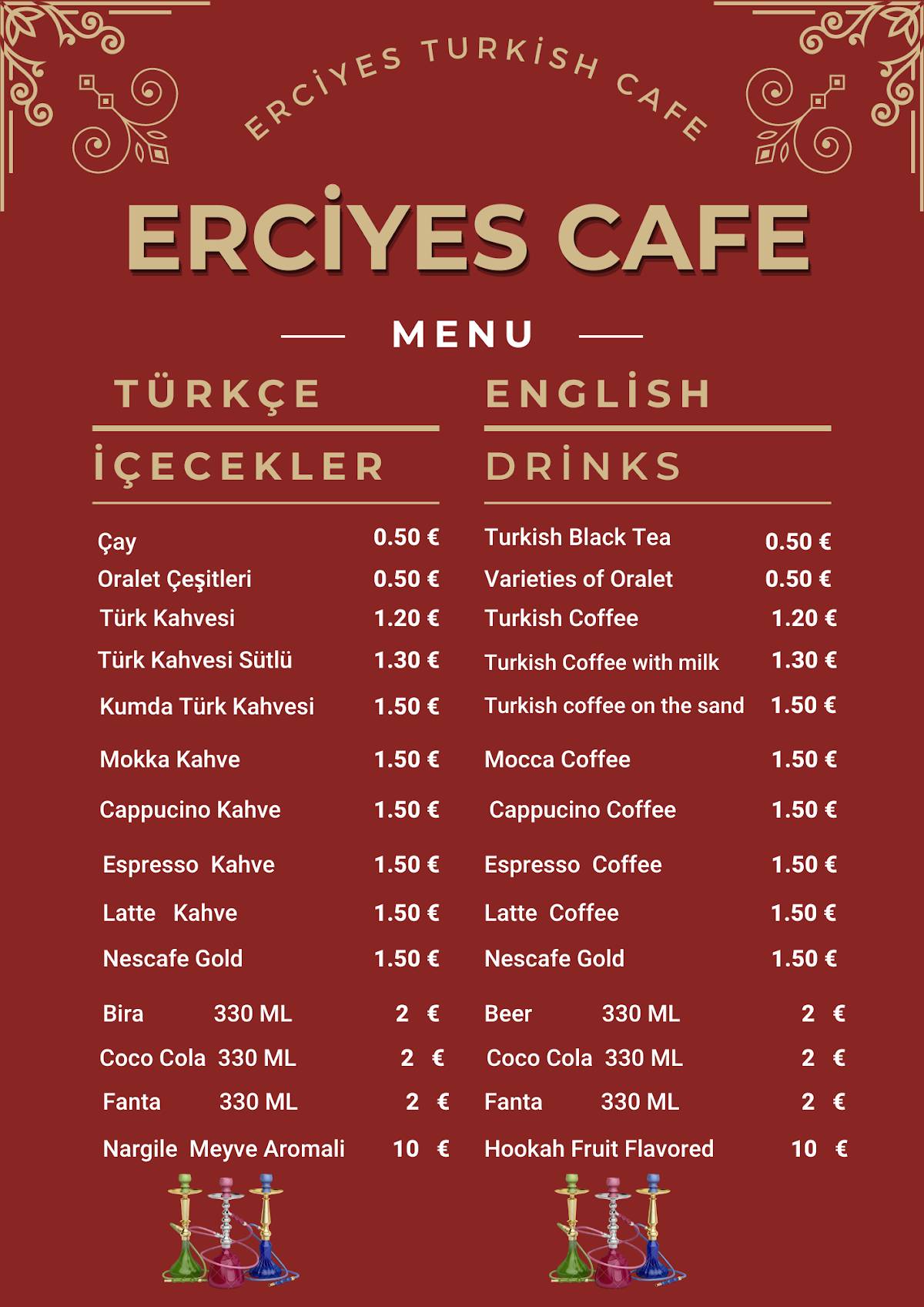 Menu at Erciyes Turkish Cafe, Bar