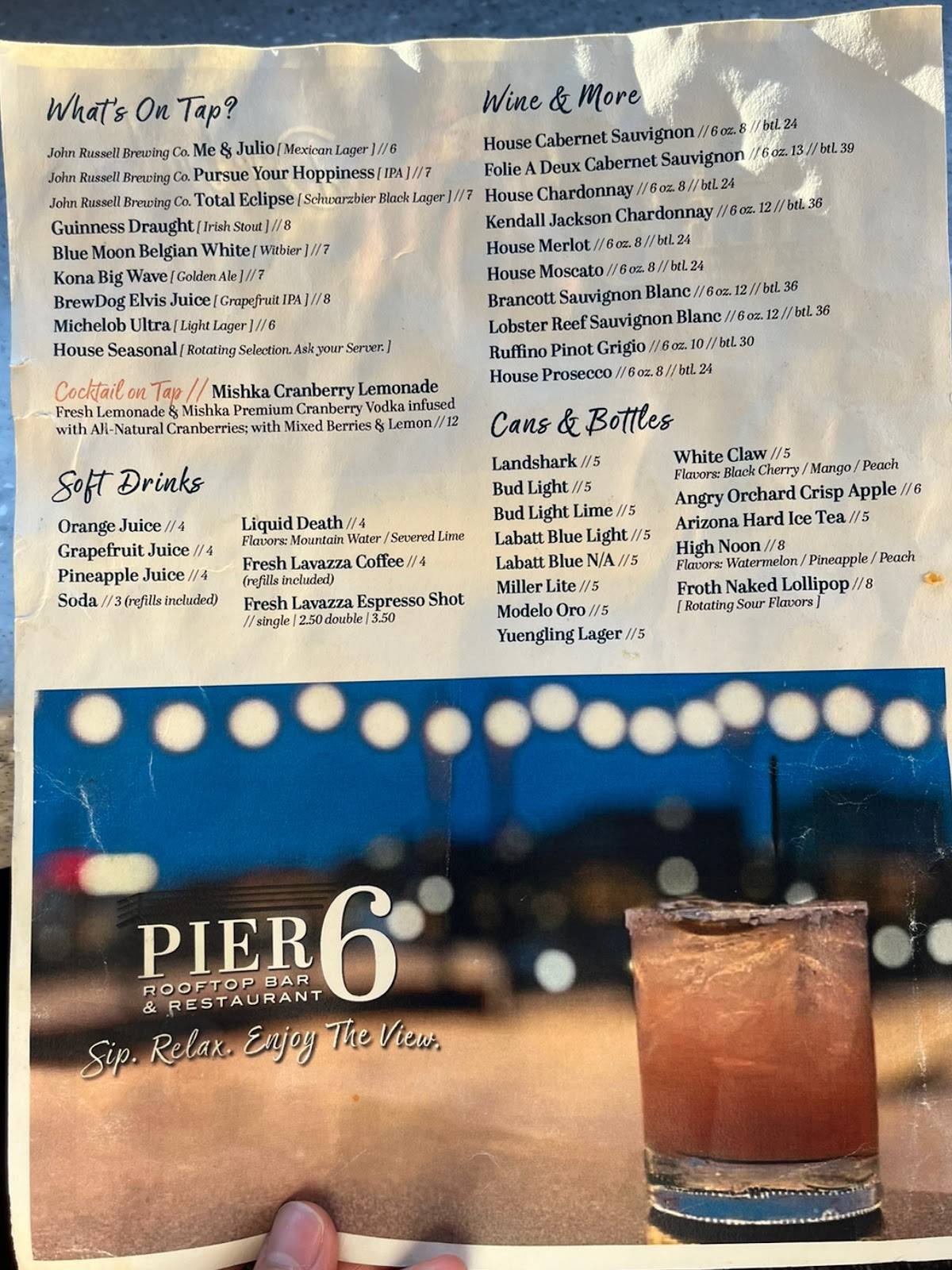 Menu at Pier 6 Rooftop Bar & Restaurant, Erie