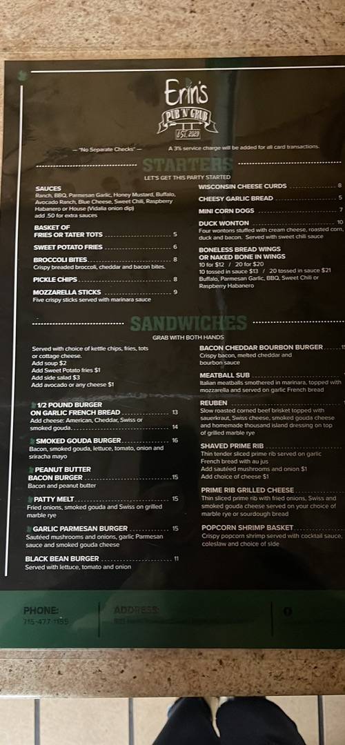 Menu at Erin's Pub 'N' Grub, Eagle River