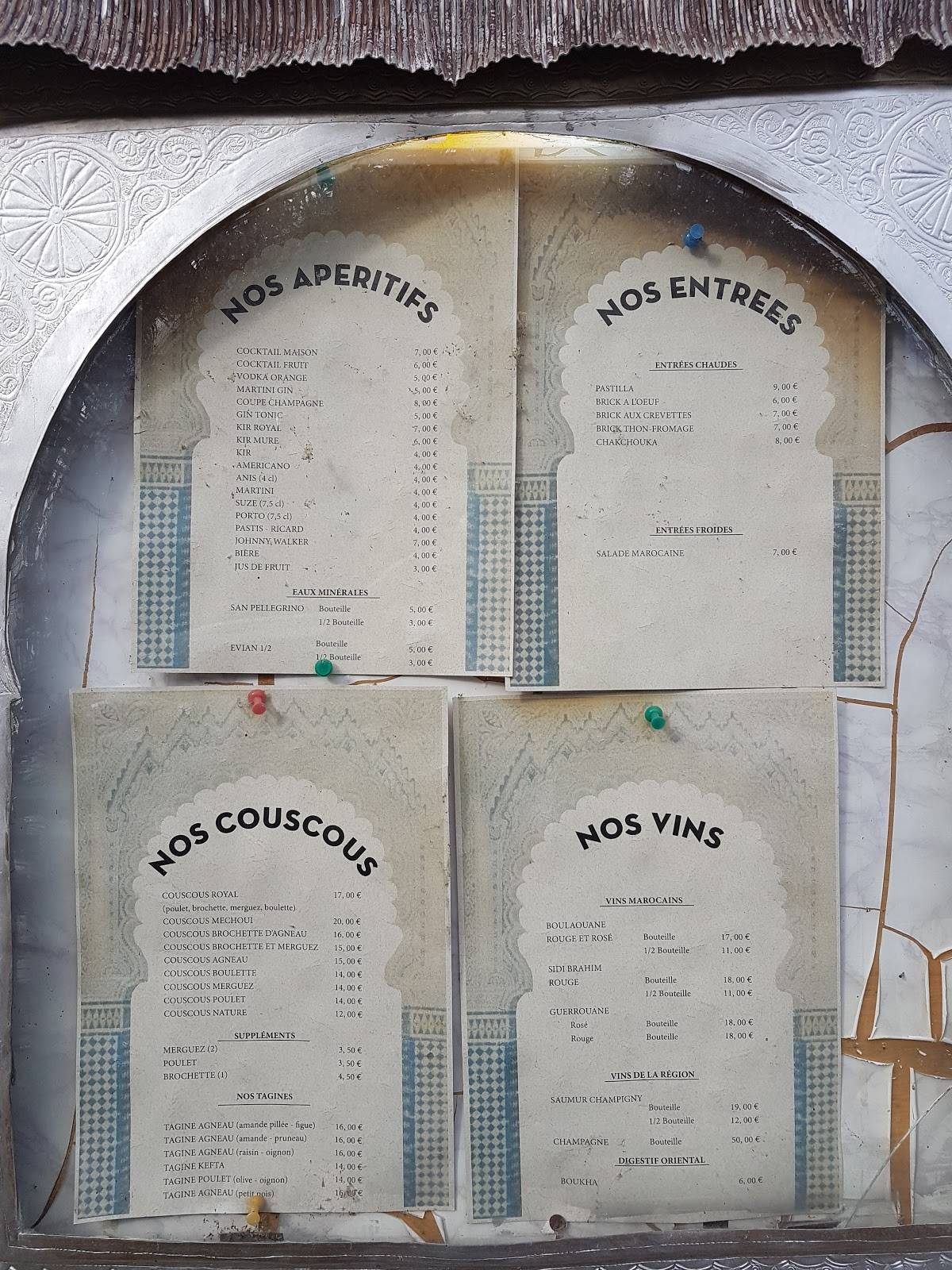 Menu au Escale du Maroc restaurant, Saumur