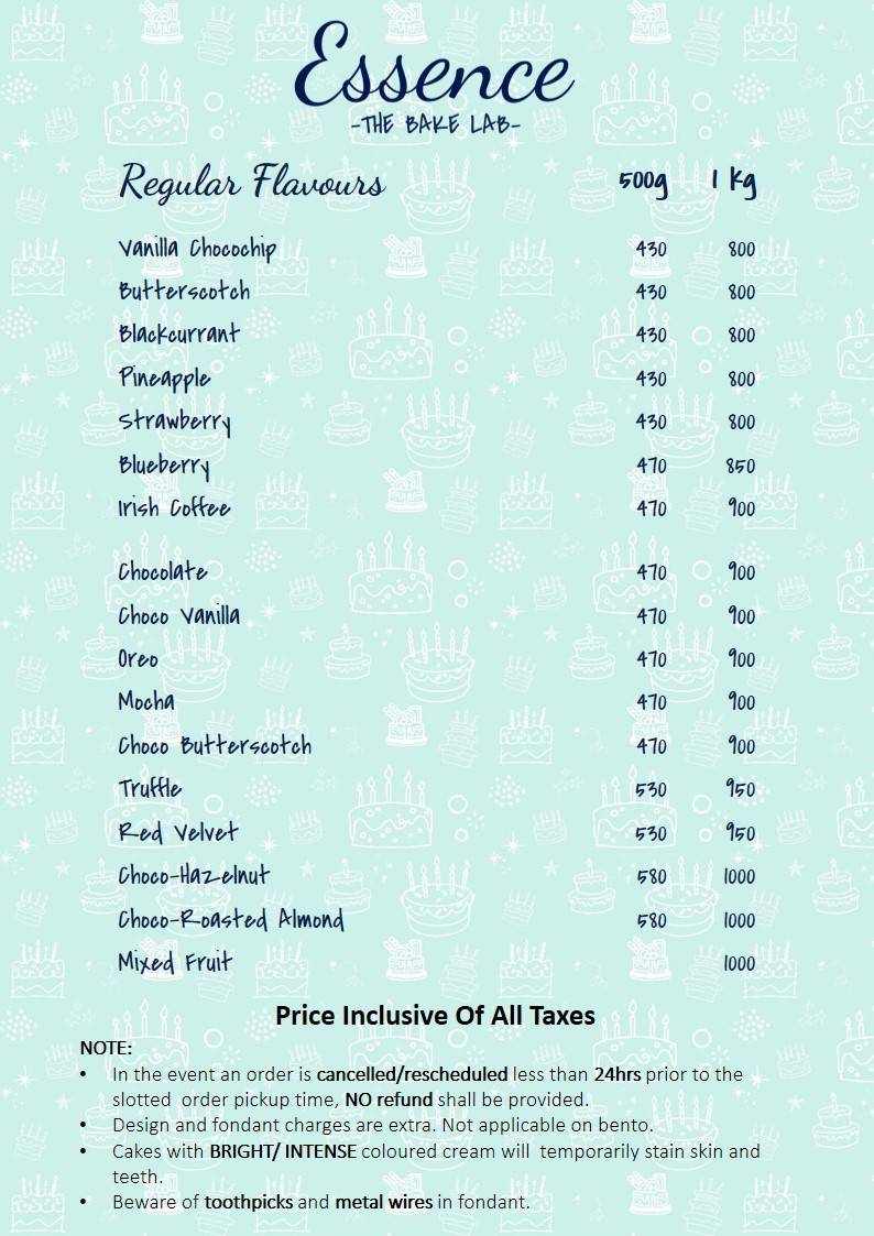 Menu at Essence - The Bake Lab, Tumakuru