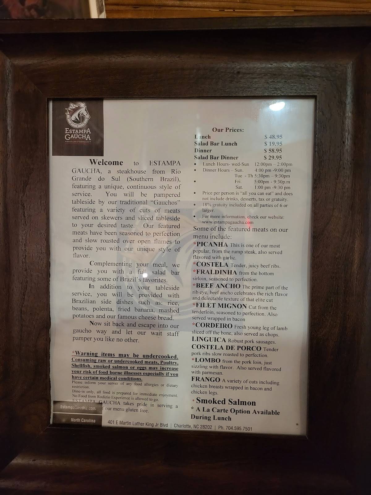 Menu at Estampa Gaucha Brazilian Steakhouse, Charlotte