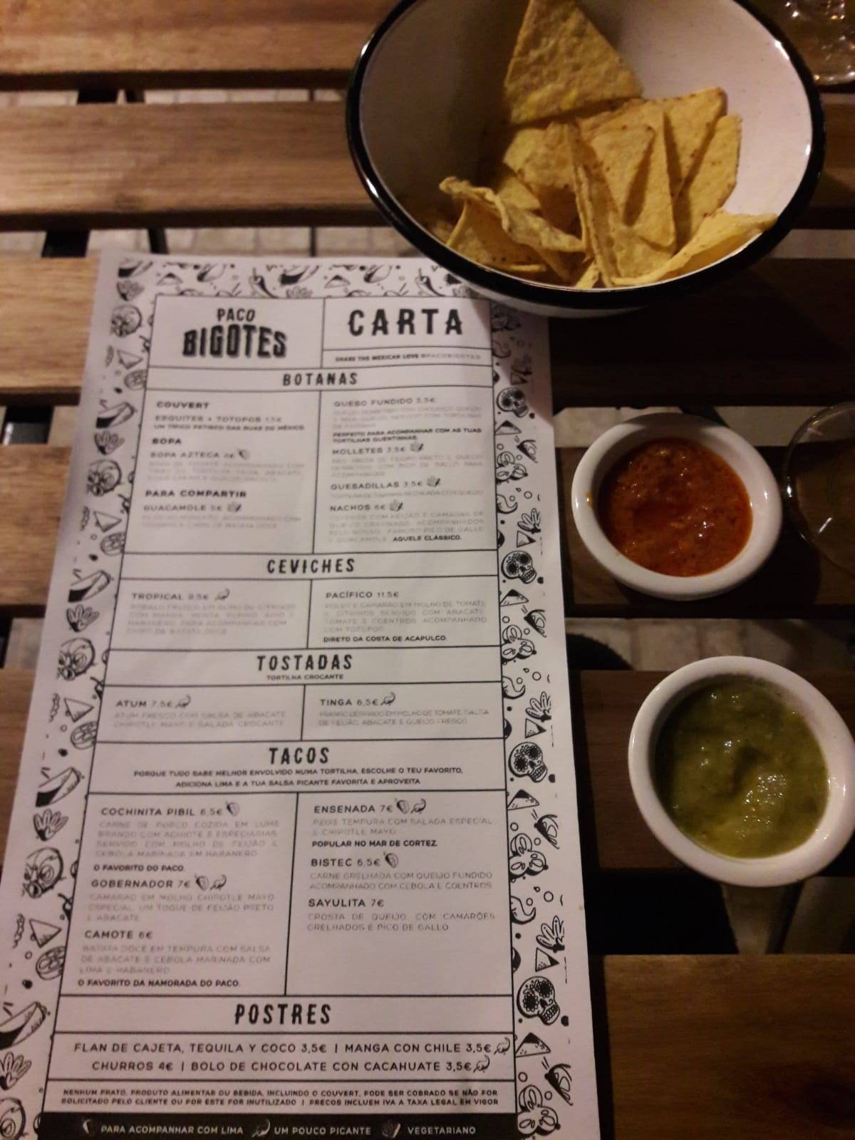 Carta del restaurante Paco Bigotes, Estoril