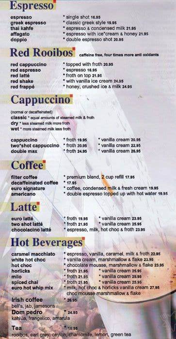 Menu at Euro Caffé cafe, Bloemfontein, U32 Mimosa Mall
