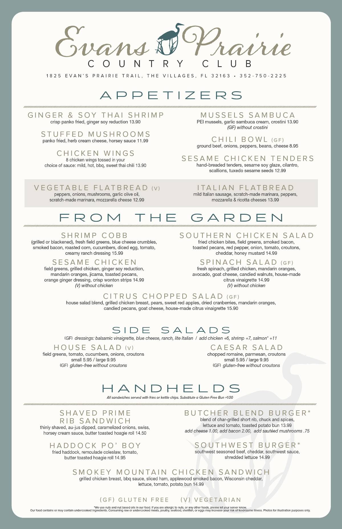 Menu at Evans Prairie - Country Club Restaurant, The Villages