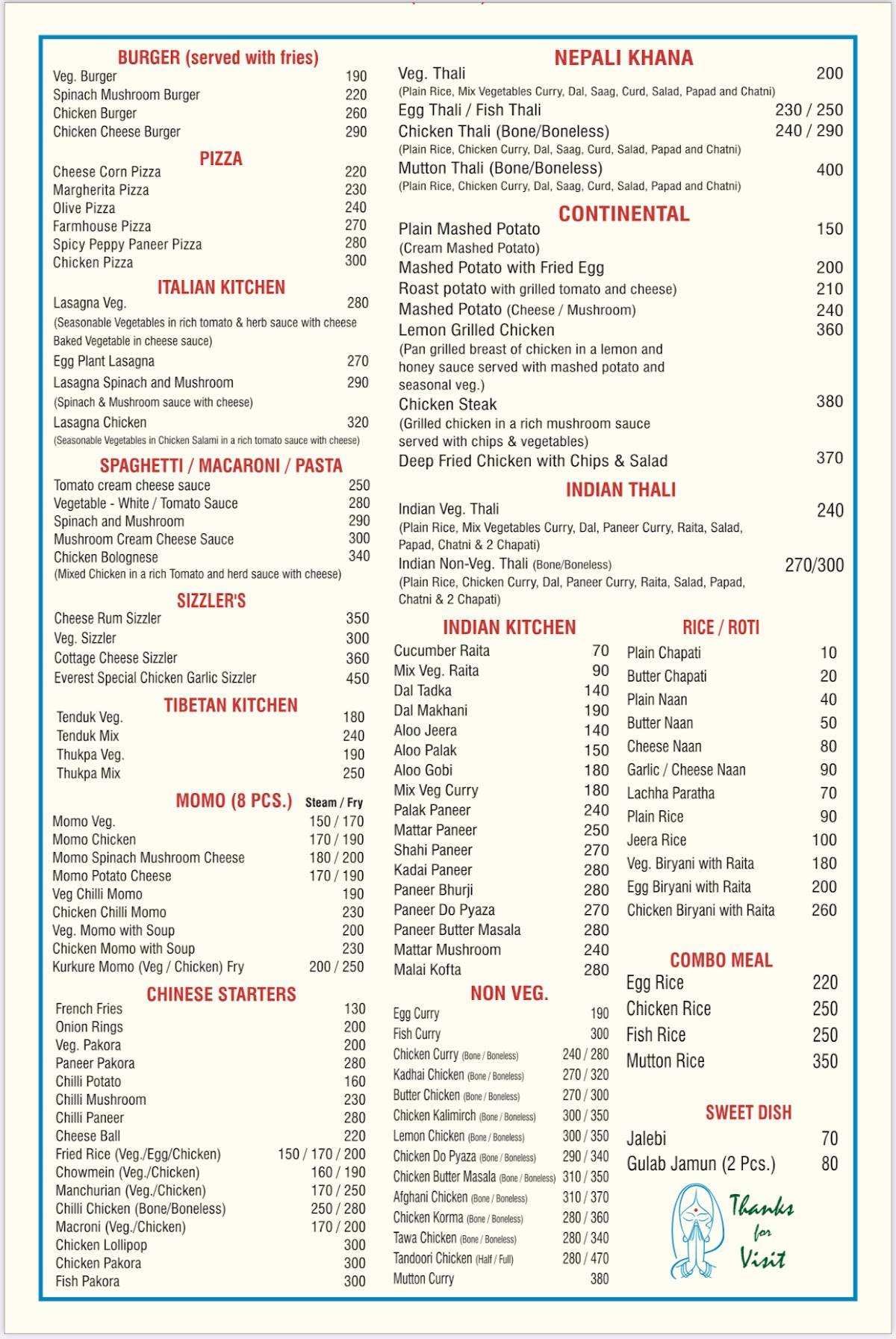 Menu at Everest Rooftop Cafe & Restaurant, New Delhi