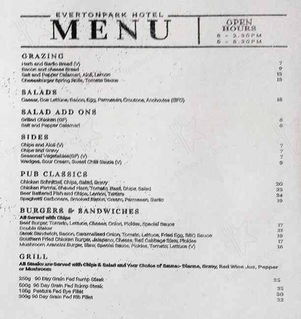 Menu at Everton Park Hotel pub & bar, McDowall