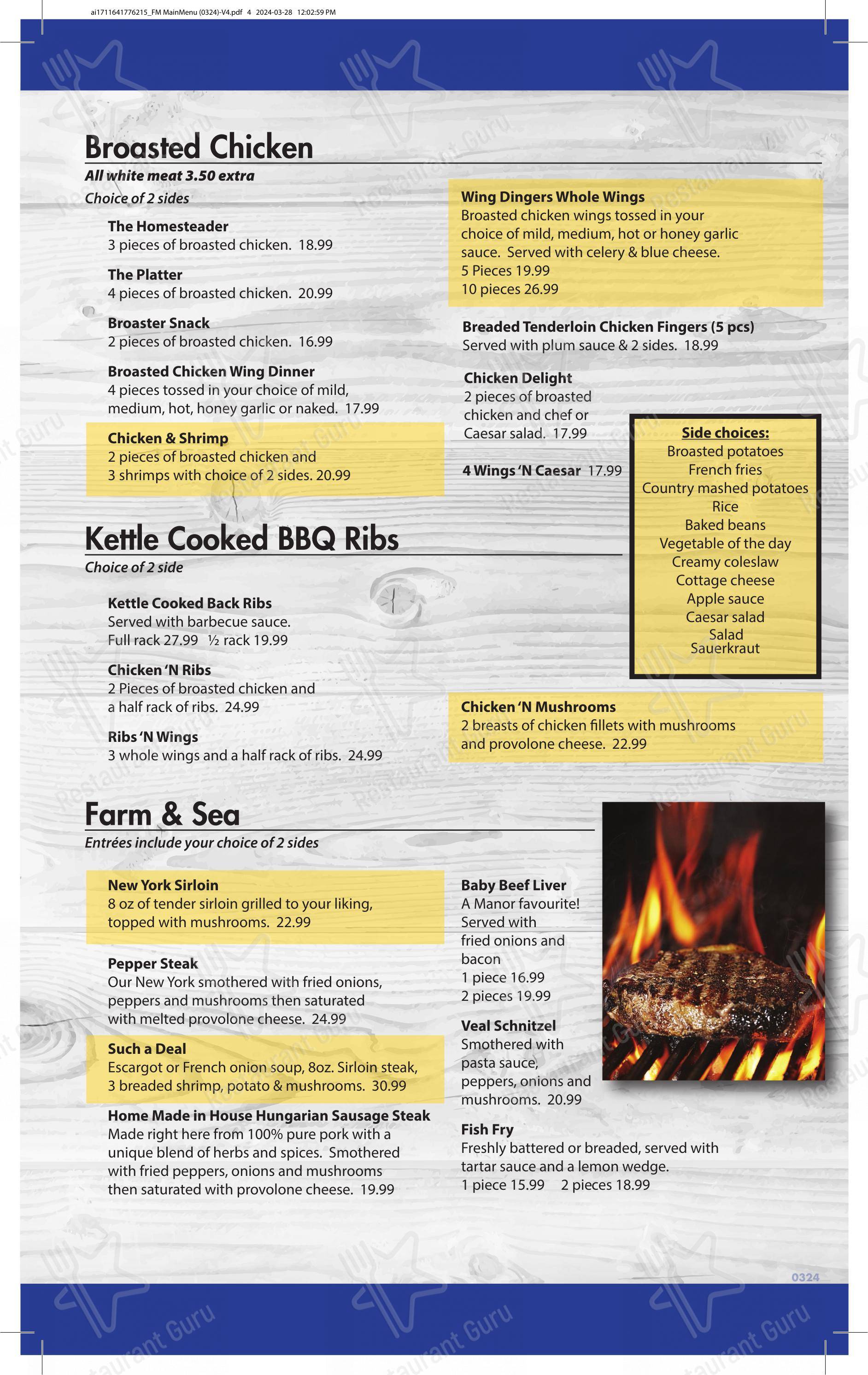 Menu at Falls Manor Restaurant, Niagara Falls