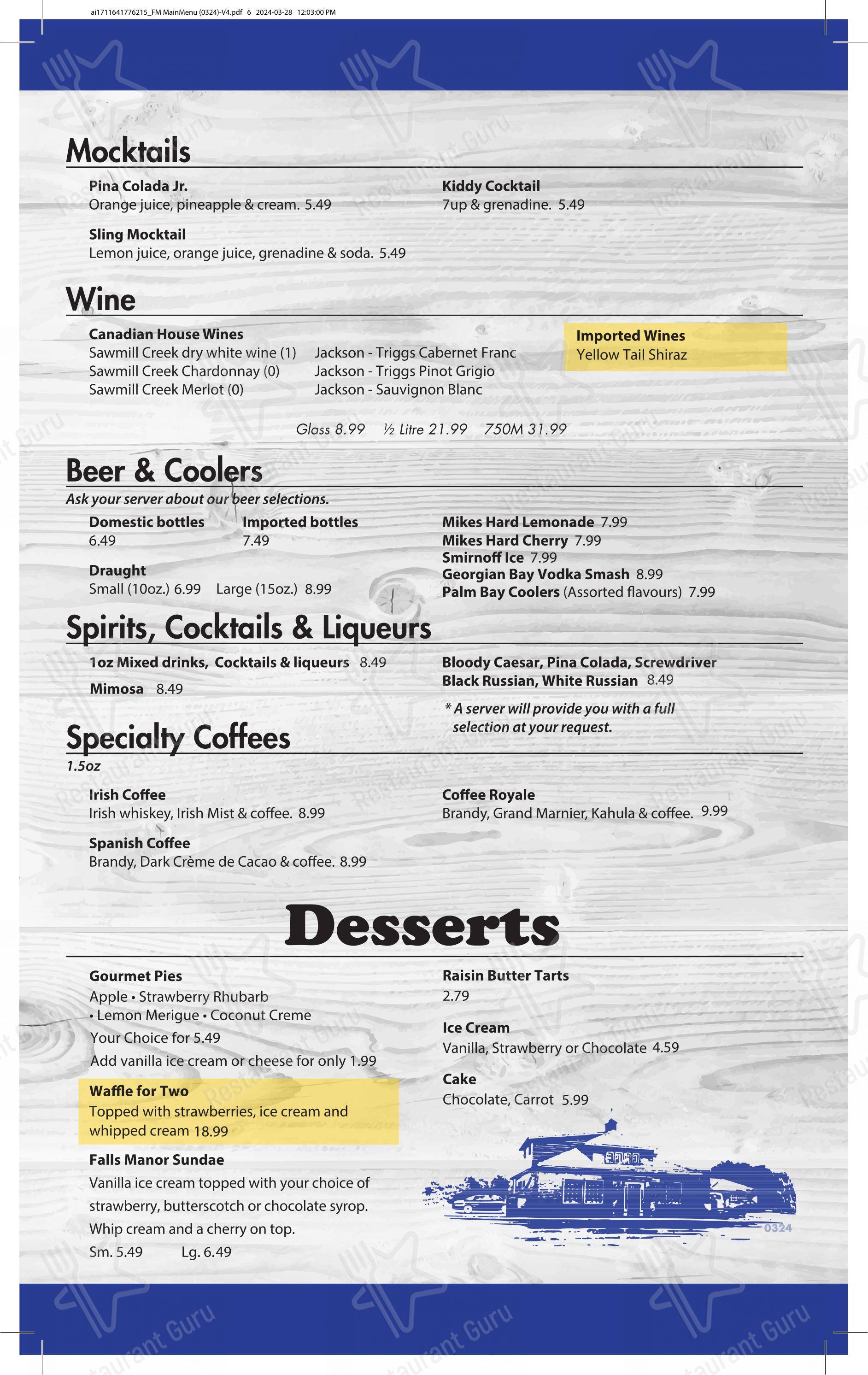 Menu at Falls Manor Restaurant, Niagara Falls