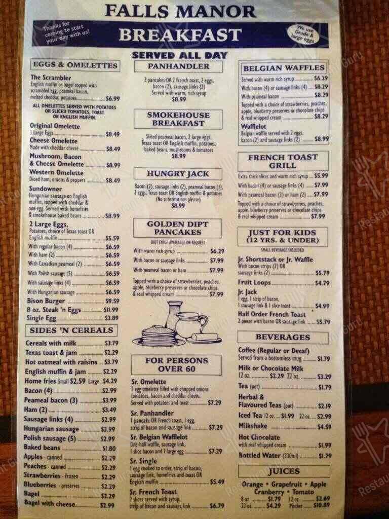 Menu at Falls Manor Restaurant, Niagara Falls