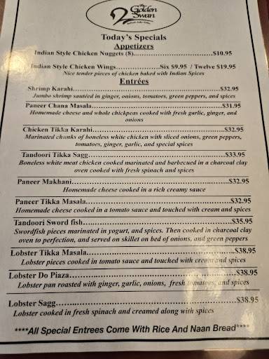 Menu at Golden Swan Indian Cuisine restaurant, Falmouth