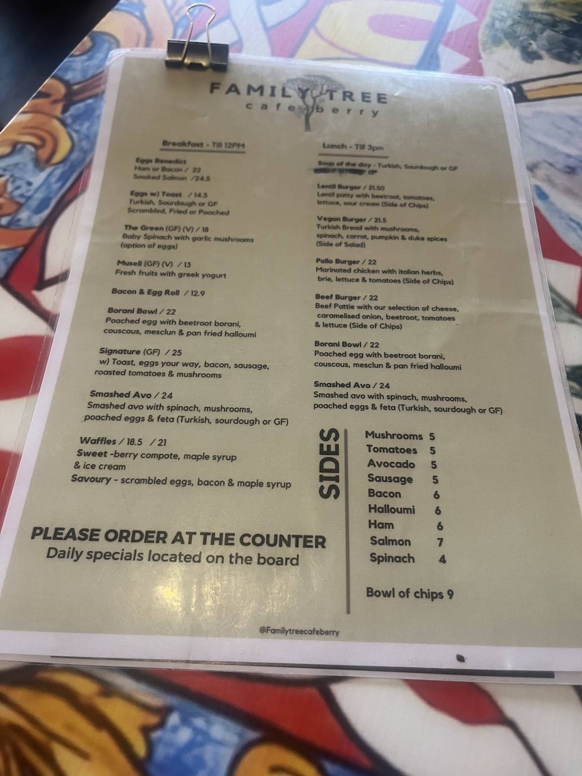 Menu at Family Tree Cafe & Restaurant, Berry